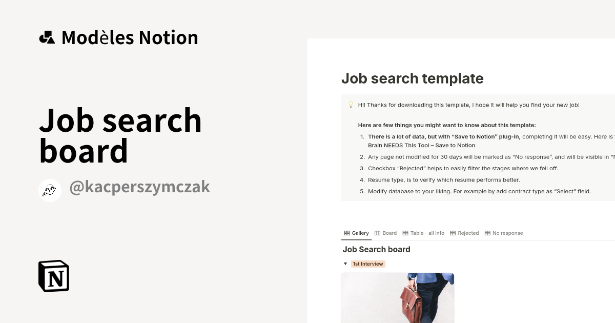 Job search board | Modèle créé par Kacper Szymczak | Marketplace Notion