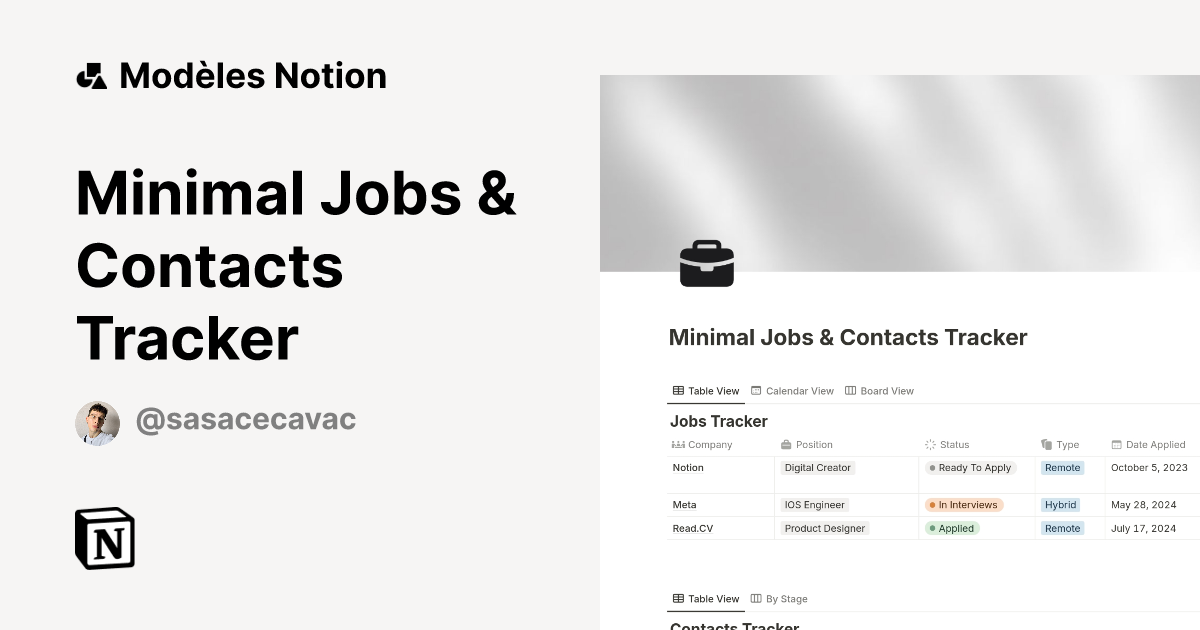 Minimal Jobs & Contacts Tracker | Modèle créé par Saša Čečavac ...