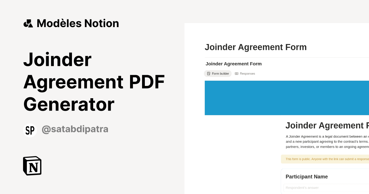 Modèle Joinder Agreement PDF Generator | Marketplace Notion