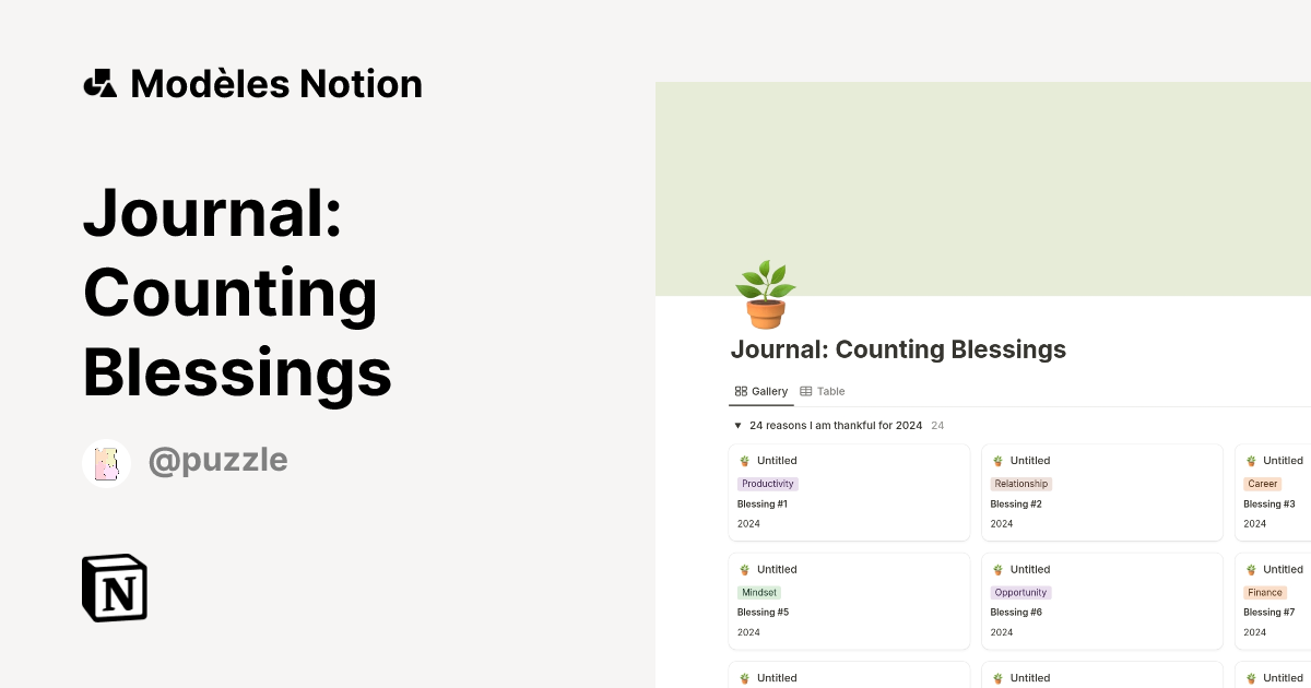 Journal: Counting Blessings | Modèle créé par Puzzle | Marketplace Notion