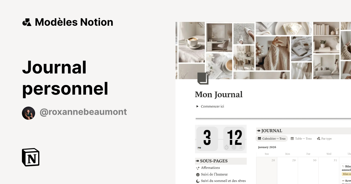 Journal personnel | Modèle créé par Roxanne Beaumont | Marketplace Notion