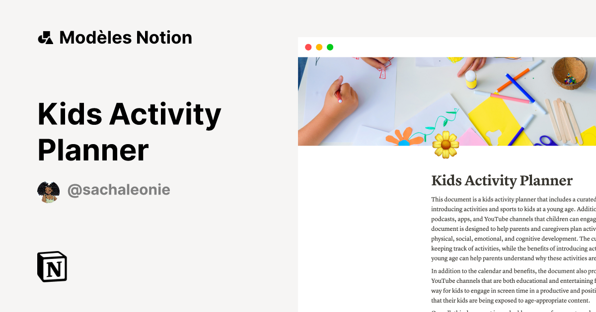 Modèle Kids Activity Planner | Marketplace Notion
