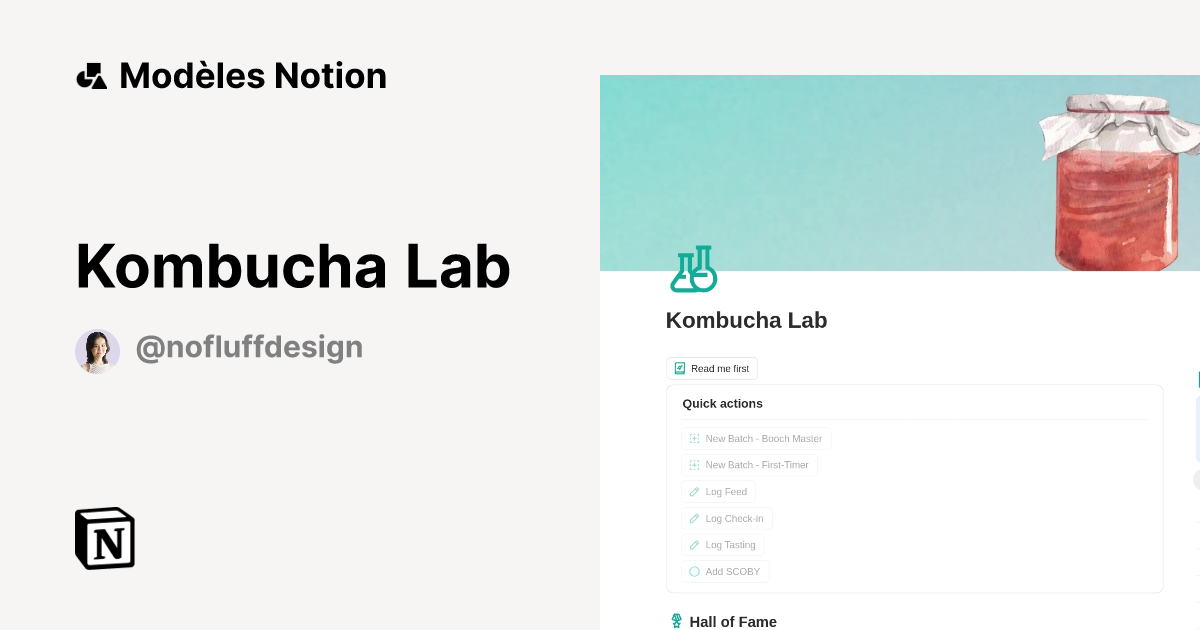 Kombucha Lab | Modèle créé par No-fluff Design | Marketplace Notion