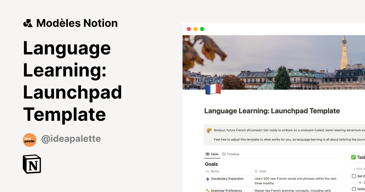 Modèle Language Learning: Launchpad Template | Marketplace Notion