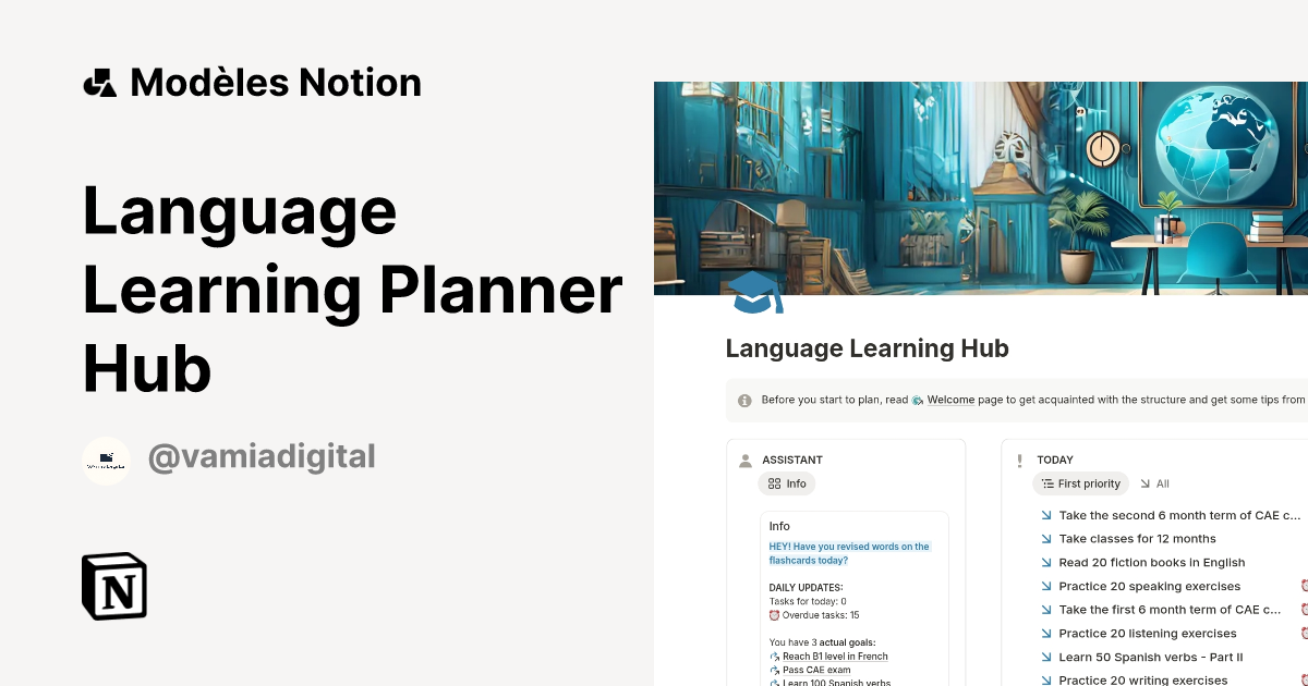 Language Learning Planner Hub | Modèle créé par VAmiaDigital | Marketplace Notion