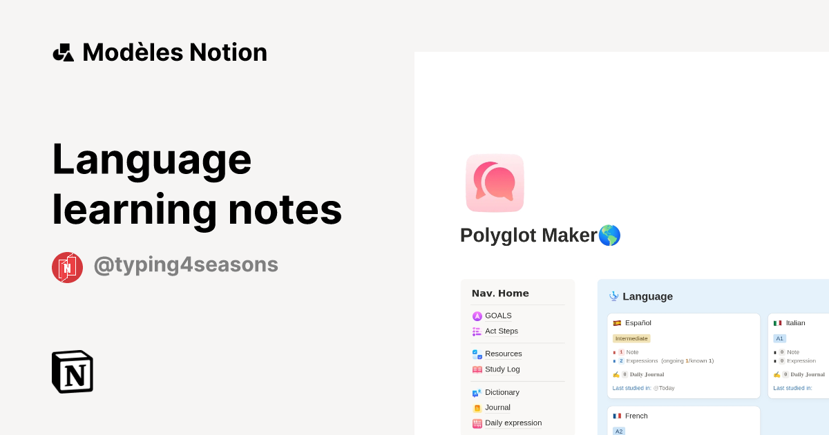 Modèle Language learning notes | Marketplace Notion