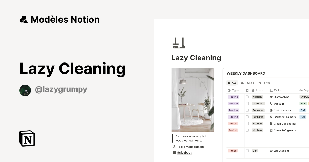 Lazy Cleaning | Modèle créé par LazyGrumpy | Marketplace Notion