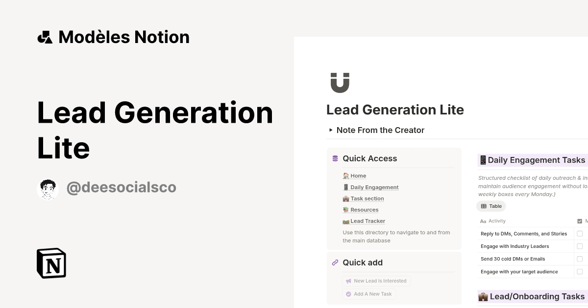Modèle Lead Generation Lite | Marketplace Notion