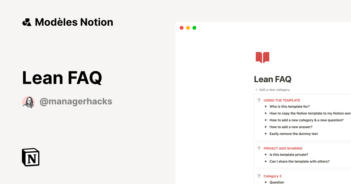 Lean FAQ | Modèle créé par Mona | ManagerHacks | Marketplace Notion