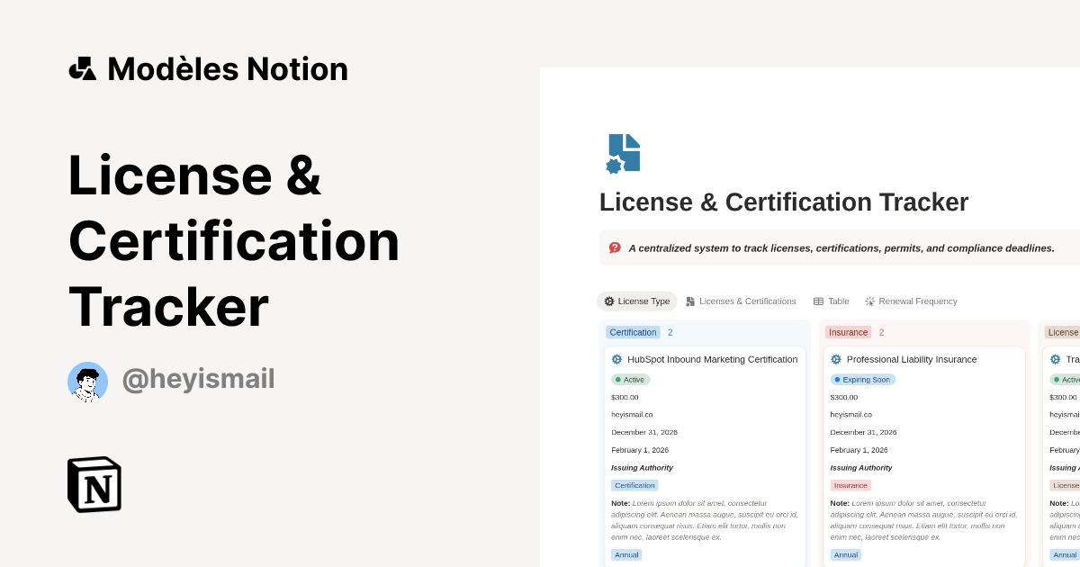 License & Certification Tracker | Modèle créé par heyismail ...