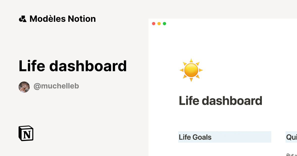 Life dashboard | Modèle créé par MuchelleB | Marketplace Notion
