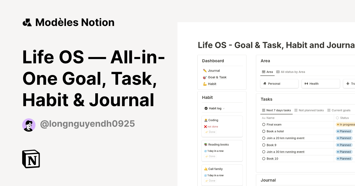 Life OS - Goal & Task, Habit and Journal tracker | Modèle créé par Long ...