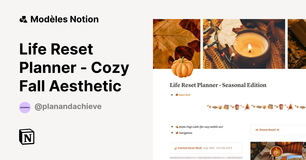 Modèle Life Reset Planner - Cozy Fall Aesthetic | Marketplace Notion