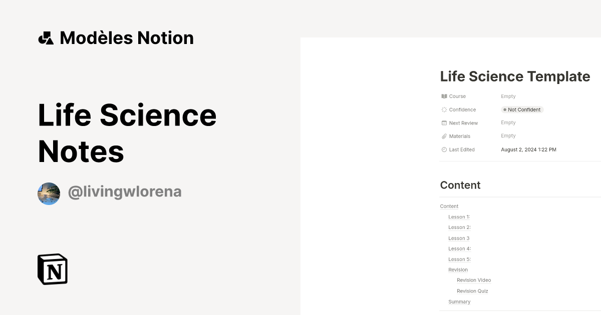 Life Science Notes | Modèle créé par Living with L | Marketplace Notion
