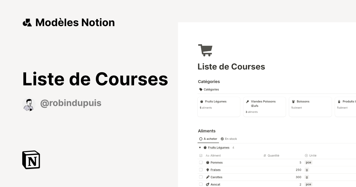 Liste de Courses | Modèle créé par Robin Dupuis | Marketplace Notion