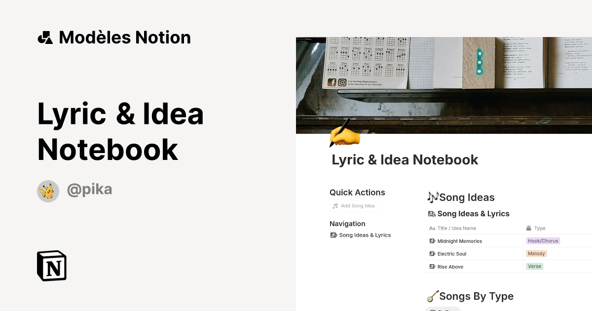Modèle Lyric & Idea Notebook | Marketplace Notion