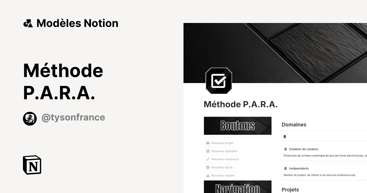 Méthode P.A.R.A. | Modèle créé par Tyson Francais | Marketplace Notion