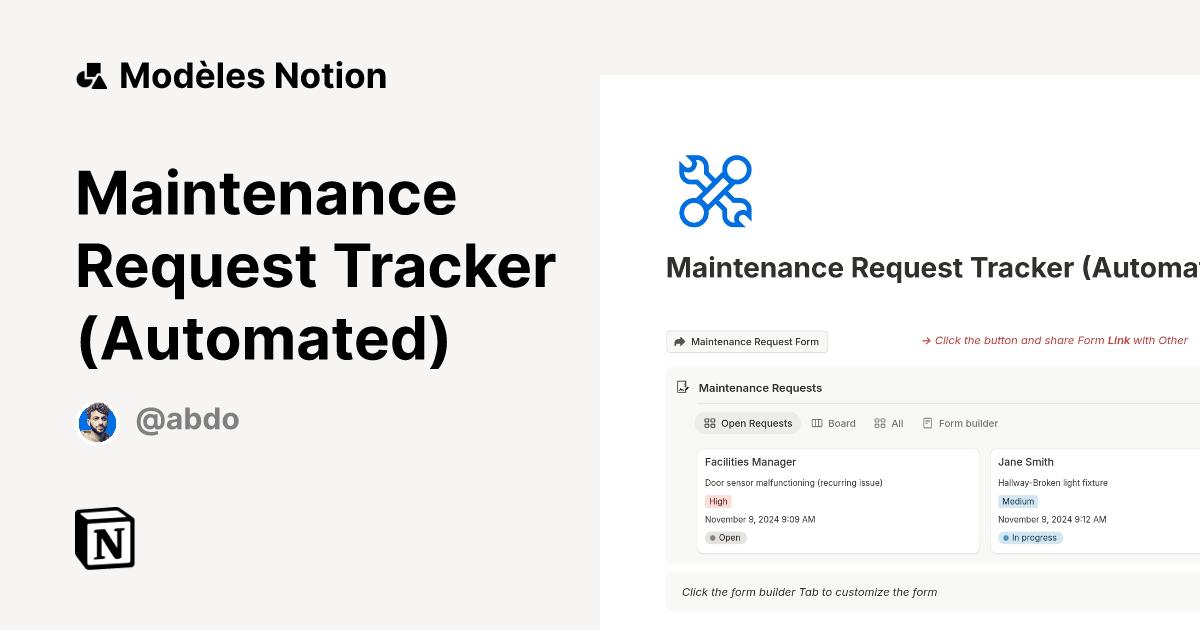 Modèle Maintenance Request Tracker (Automated) | Marketplace Notion