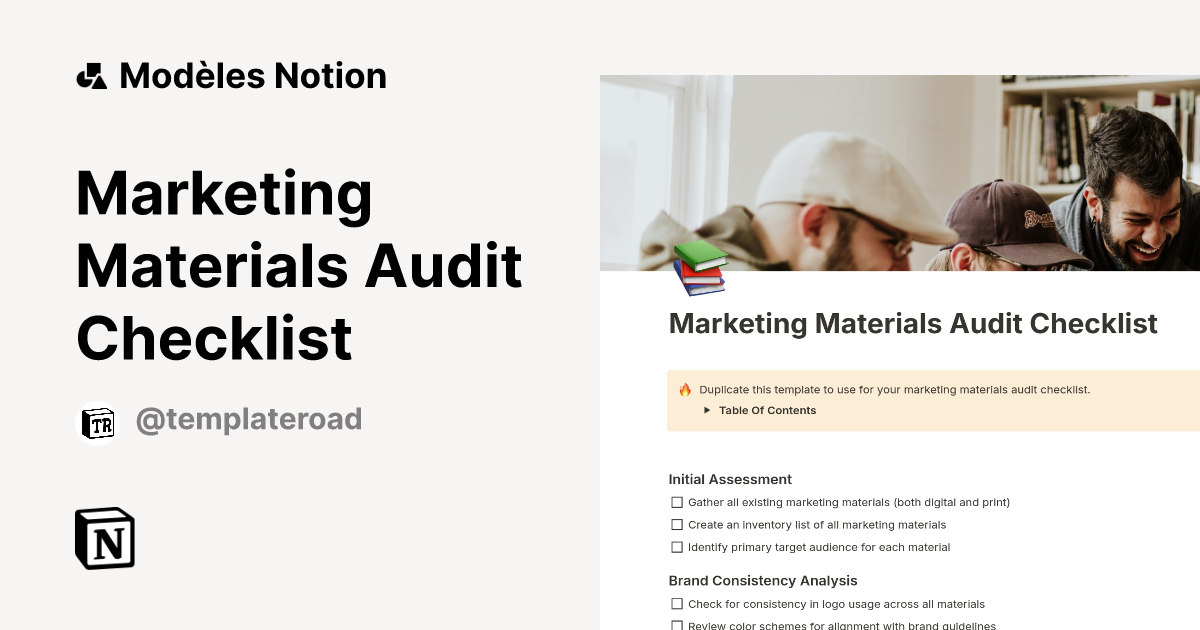 Modèle Marketing Materials Audit Checklist | Marketplace Notion