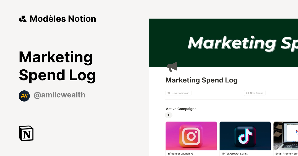 Marketing Spend Log | Modèle créé par AMIIC Wealth | Marketplace Notion
