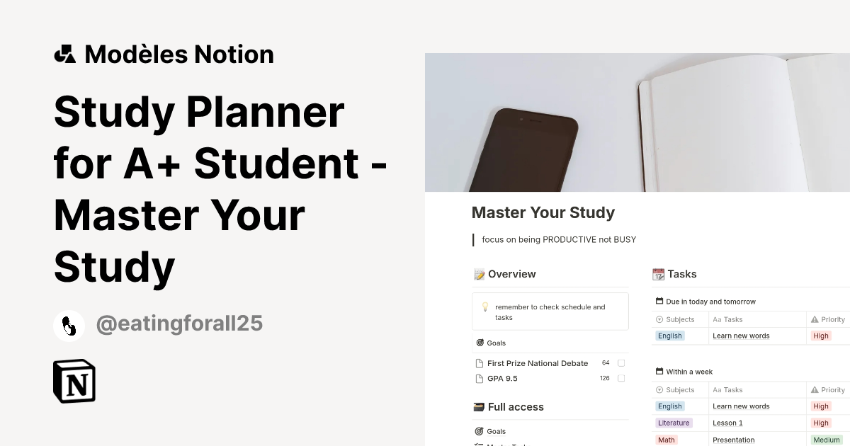 Modèle Study Planner for A+ Student - Master Your Study | Marketplace ...