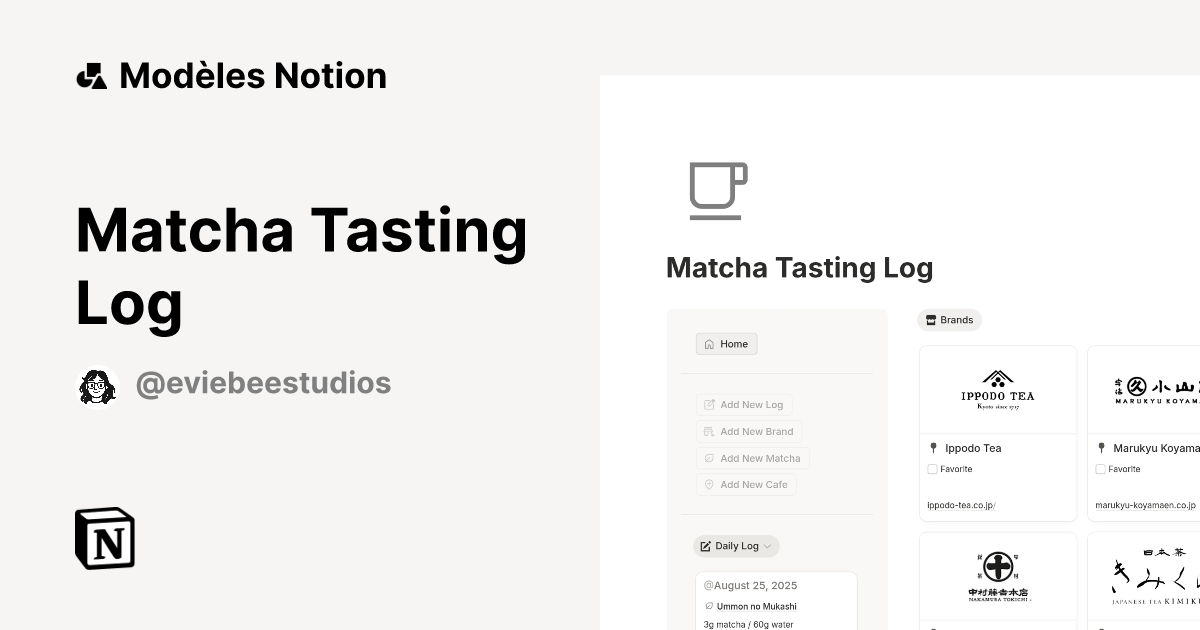 Matcha Tasting Log | Modèle créé par Evie Bee | Marketplace Notion