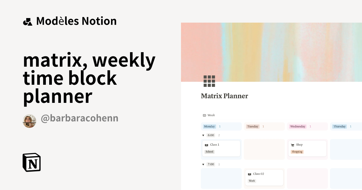 Modèle matrix, weekly time block planner | Marketplace Notion