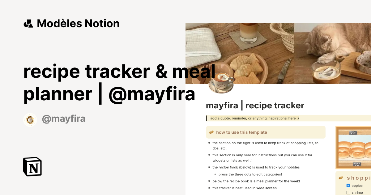 Modèle recipe tracker & meal planner | @mayfira | Marketplace Notion