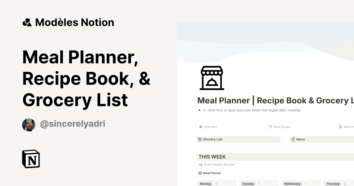 Modèle Meal Planner, Recipe Book, & Grocery List | Marketplace Notion