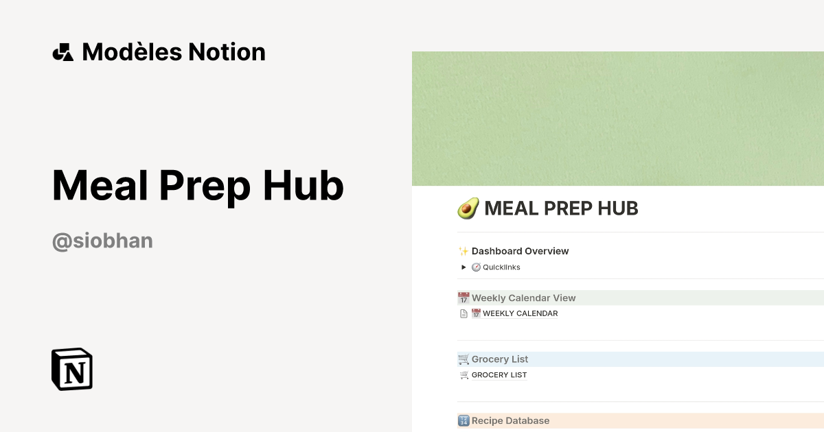 Meal Prep Hub | Modèle créé par Siobhan Silva | Marketplace Notion