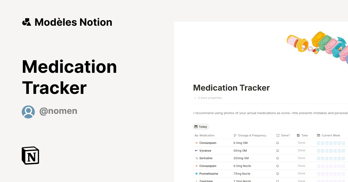 Medication Tracker | Modèle créé par Nomen Nescio | Marketplace Notion
