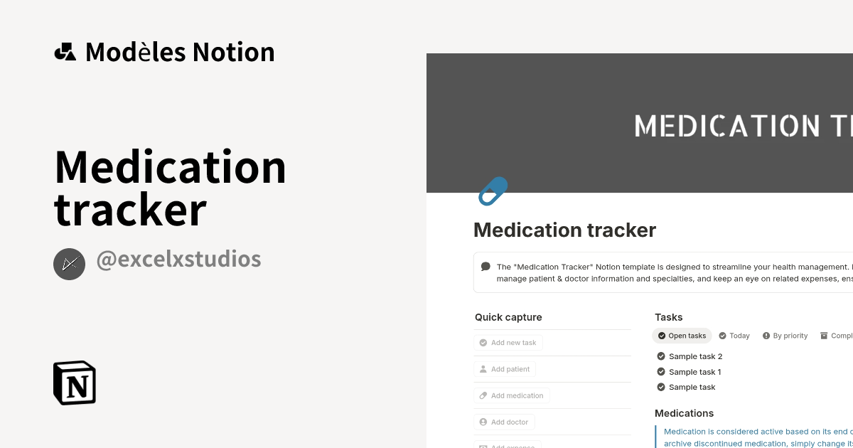 Medication tracker | Modèle créé par Excel Studios | Marketplace Notion