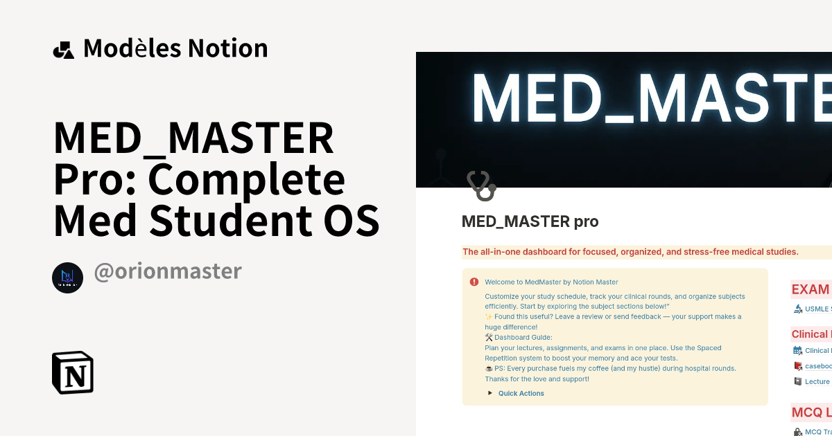 Modèle MED_MASTER Pro: Complete Med Student OS | Marketplace Notion