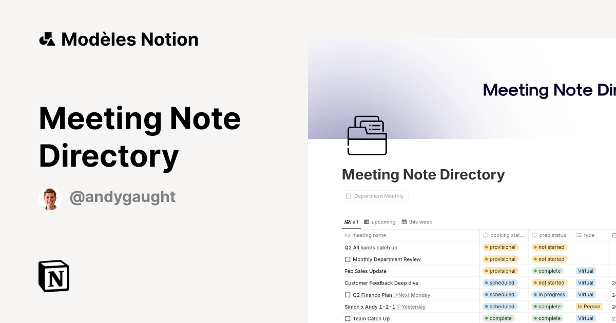 Meeting Note Directory | Modèle créé par Andy Gaught | Marketplace Notion