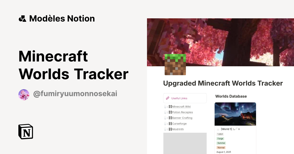 Minecraft Worlds Tracker | Modèle créé par Fumi౨ৎ | Marketplace Notion