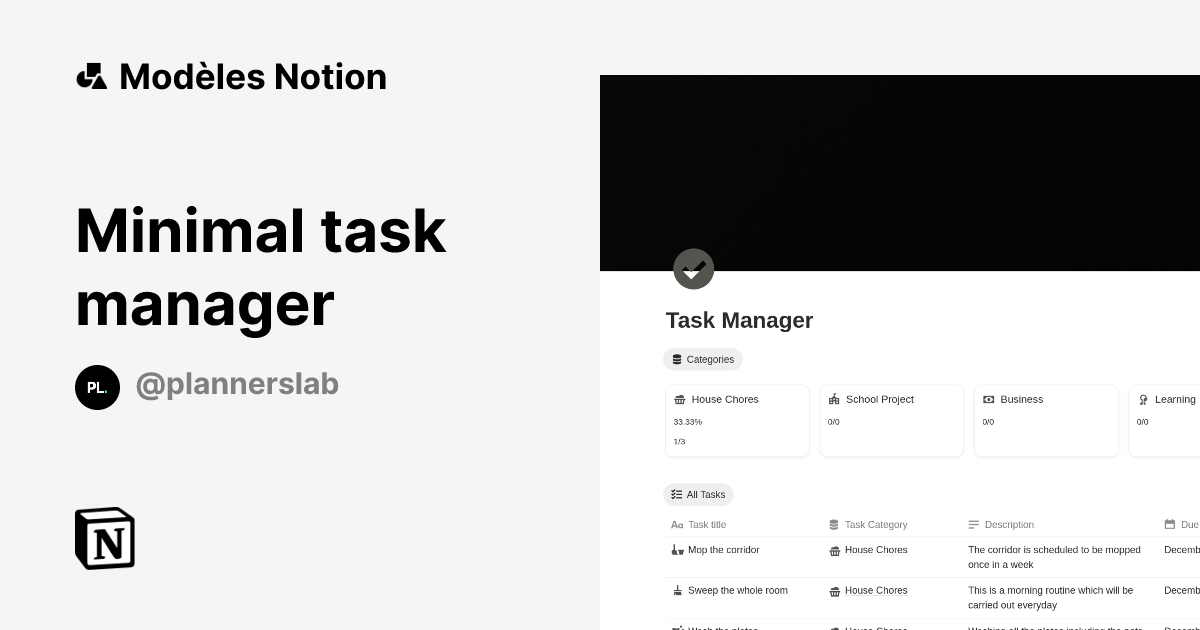 Minimal task manager | Modèle créé par Planners Lab | Marketplace Notion