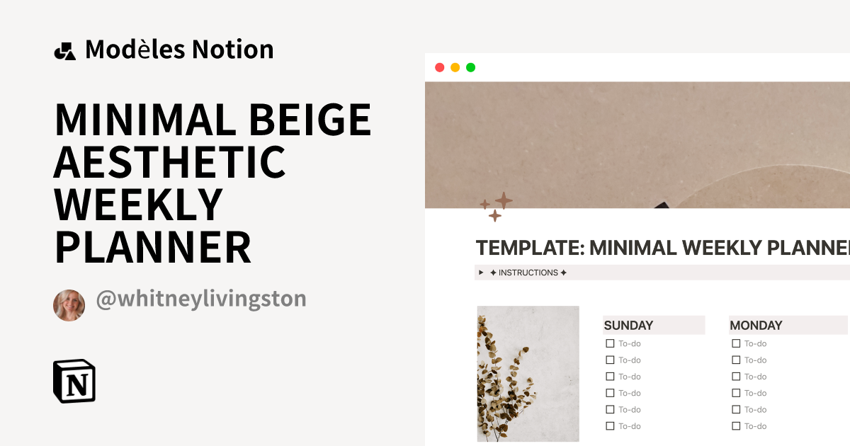 MINIMAL BEIGE AESTHETIC WEEKLY PLANNER | Modèle créé par WhitneyLivingston | Marketplace Notion