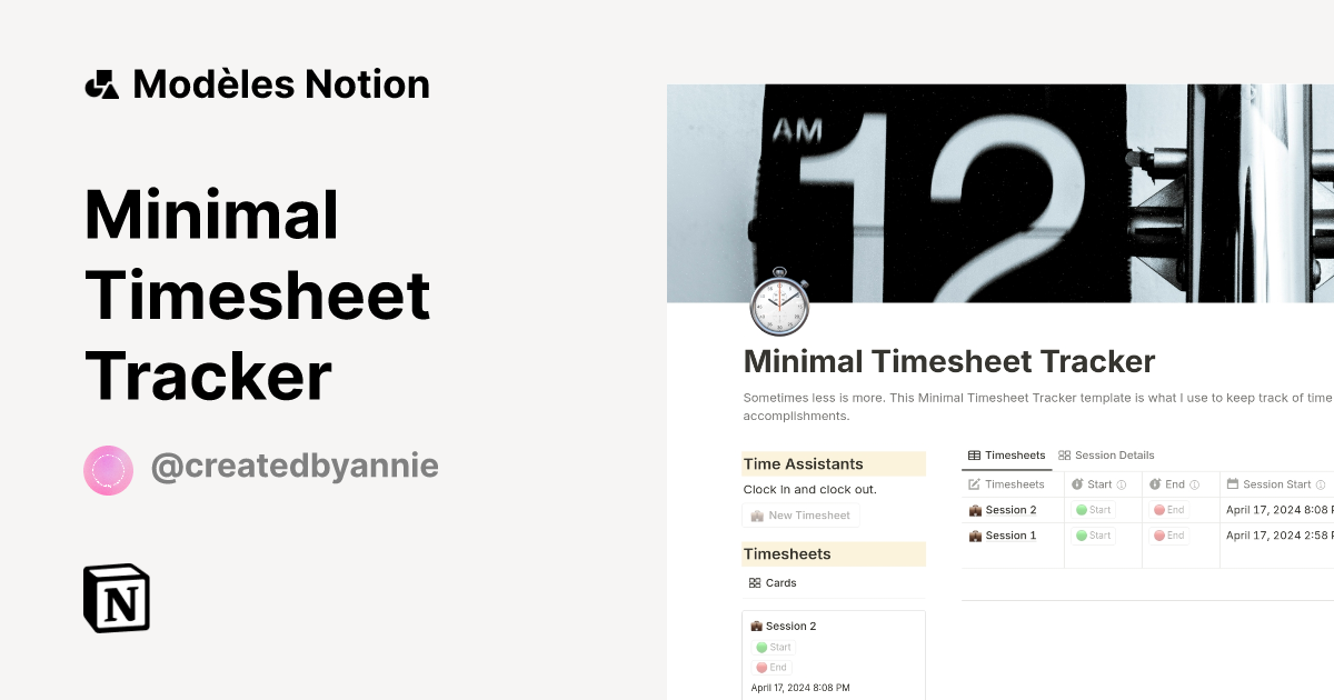Modèle Minimal Timesheet Tracker | Marketplace Notion