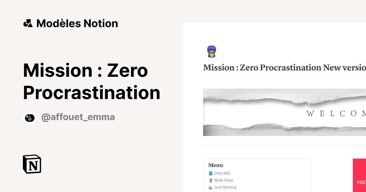 Modèle Mission : Zero Procrastination | Marketplace Notion