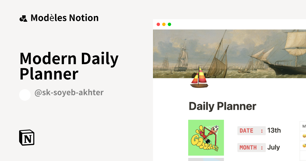 Modern Daily Planner | Modèle créé par Sk Soyeb Akhter | Marketplace Notion