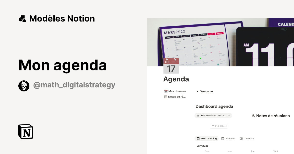 Mon agenda | Modèle créé par Math | Marketplace Notion