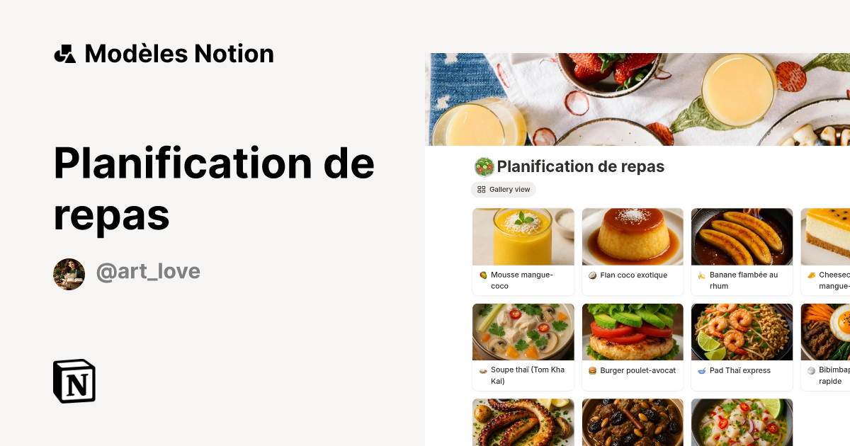 Planification de repas | Modèle créé par ArtLove | Marketplace Notion