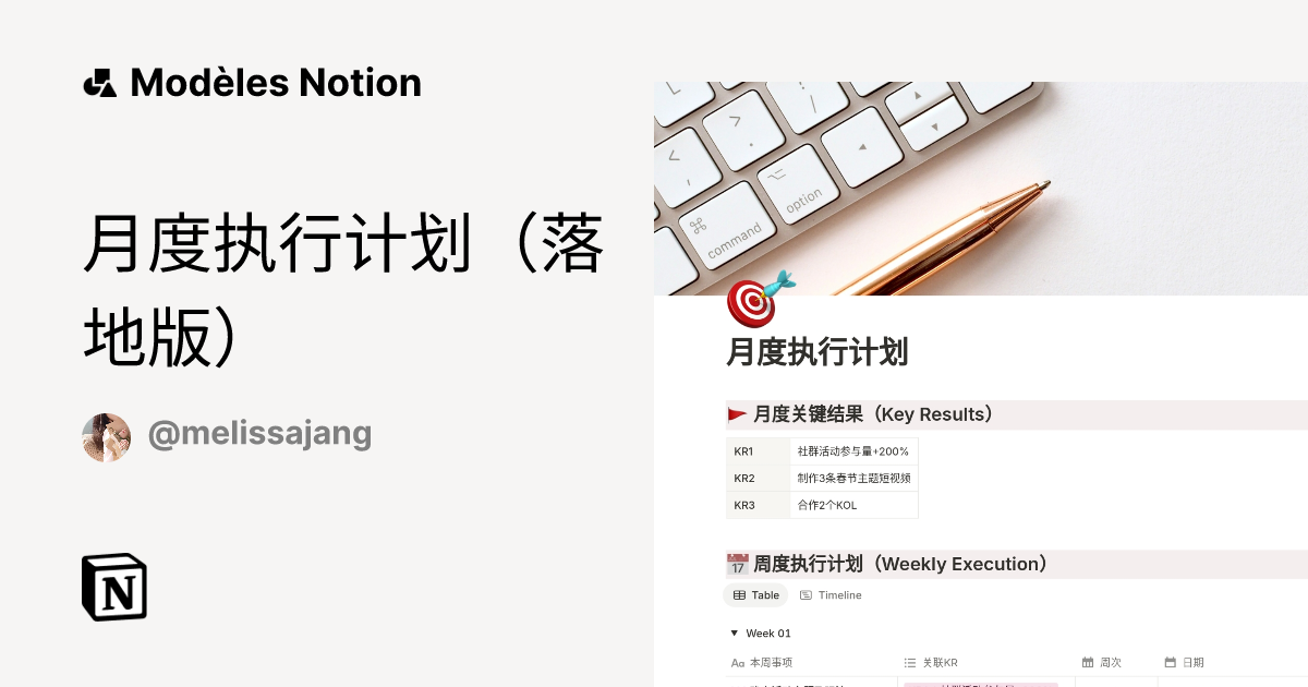 Modèle 月度执行计划（落地版） | Marketplace Notion