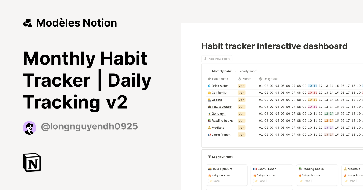 Monthly Habit Tracker | Daily Tracking v2 | Modèle créé par Long Nguyen | Marketplace Notion