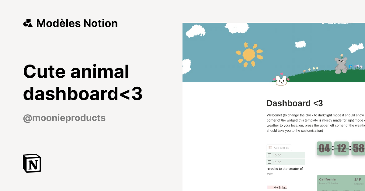 Modèle Cute animal dashboard