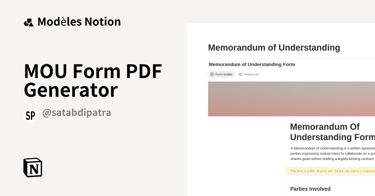 MOU Form PDF Generator | Modèle créé par Satabdi Patra | Marketplace Notion