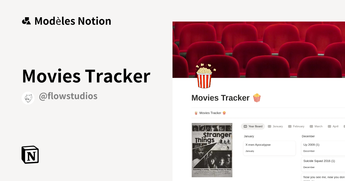 Movies Tracker | Modèle créé par Flow Studios 🌊 | Marketplace Notion