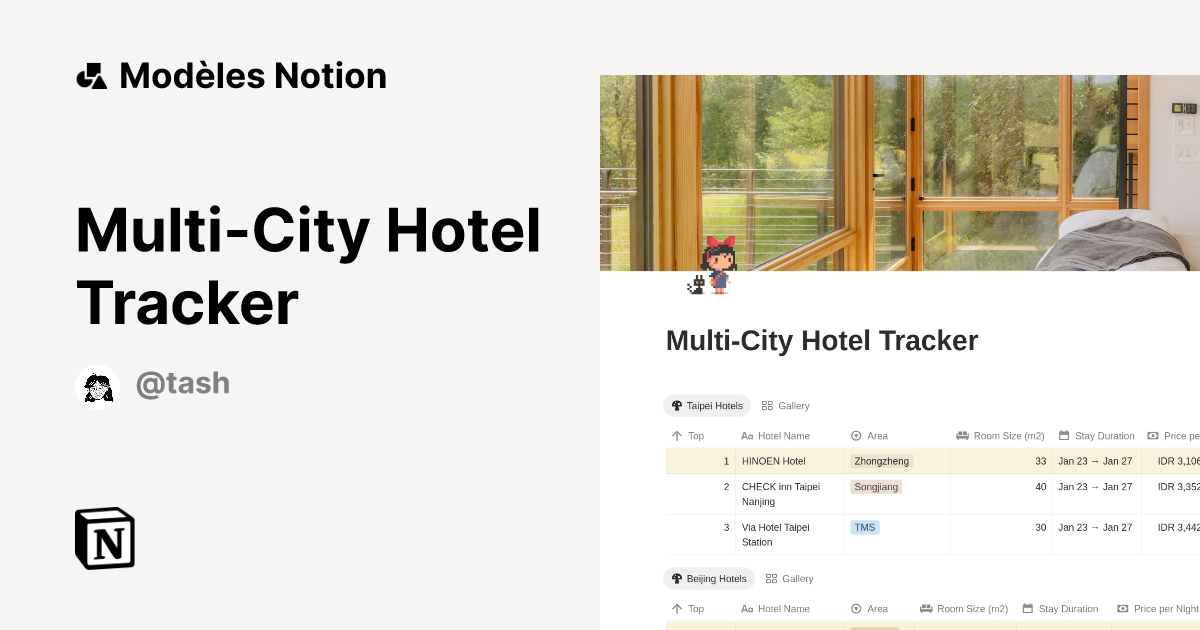 Modèle Multi-City Hotel Tracker | Marketplace Notion