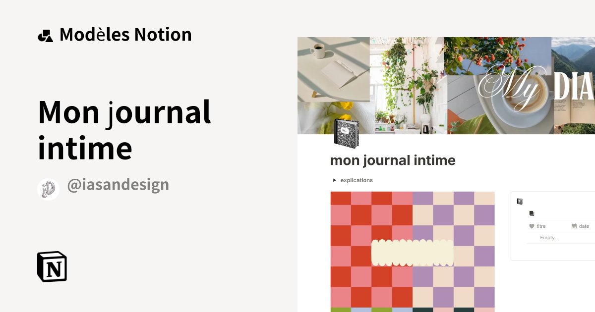 Mon journal intime | Modèle créé par Iasan Design | Marketplace Notion