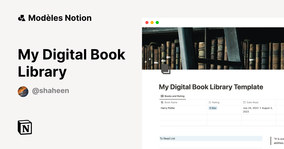 My Digital Book Library | Modèle créé par Shaheen | Marketplace Notion